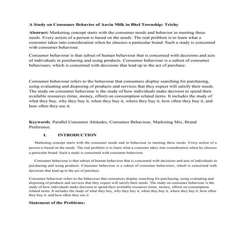 A study on consumer behavior of aavin milk in bhel township | DOCX
