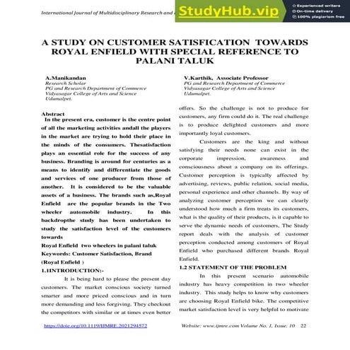 A STUDY ON CUSTOMER SATISFICATION TOWARDS ROYAL ENFIELD WITH SPECIAL ...