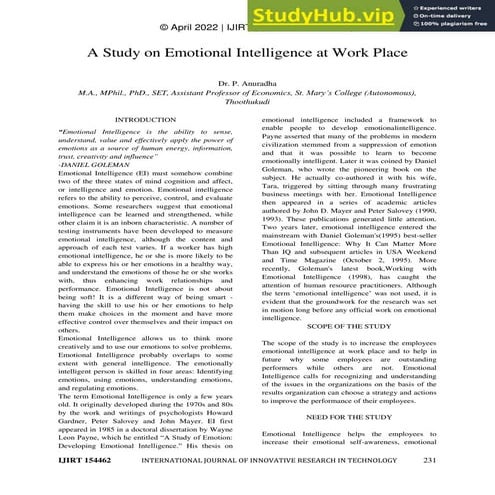A Study On Emotional Intelligence At Work Place | PDF