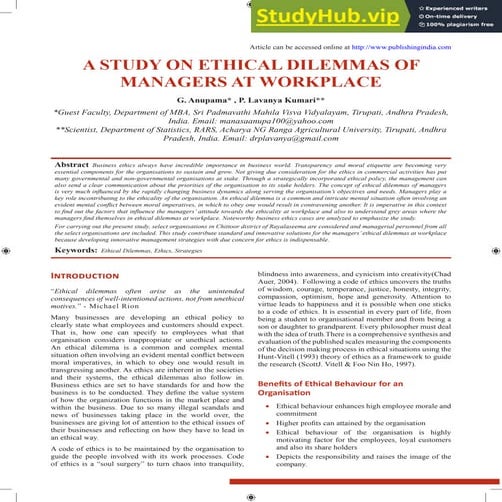 A Study On Ethical Dilemmas Of Managers At Workplace.Pdf