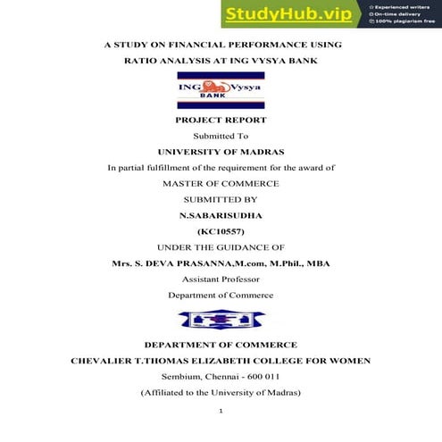 A STUDY ON FINANCIAL PERFORMANCE USING RATIO ANALYSIS AT ING VYSYA BANK ...