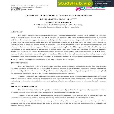 A STUDY ON INVENTORY MANAGEMENT WITH REFERENCE TO LEADING AUTOMOBILE ...