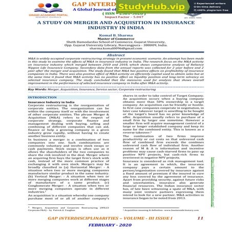 A STUDY ON MERGER AND ACQUISITION IN INSURANCE INDUSTRY IN INDIA | PDF