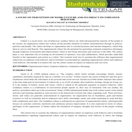 A Study on Perception of Work Culture and Its Impact on Employee ...
