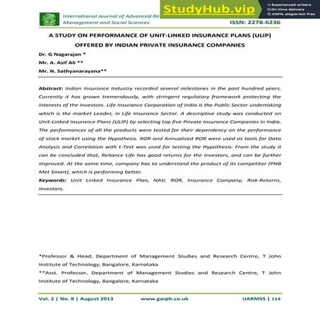 A STUDY ON PERFORMANCE OF UNIT-LINKED INSURANCE PLANS (ULIP) OFFERED BY ...