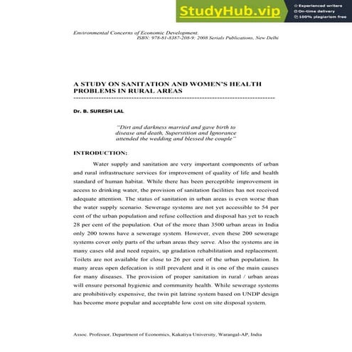A STUDY ON SANITATION AND WOMEN S HEALTH PROBLEMS IN RURAL AREAS | PDF