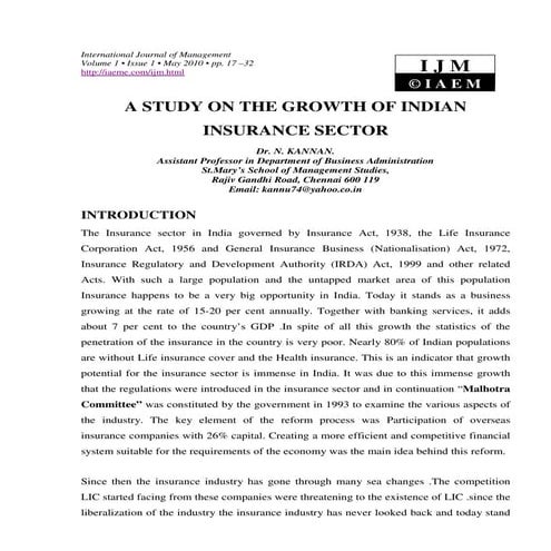A study on the growth of indian insurance sector | PDF