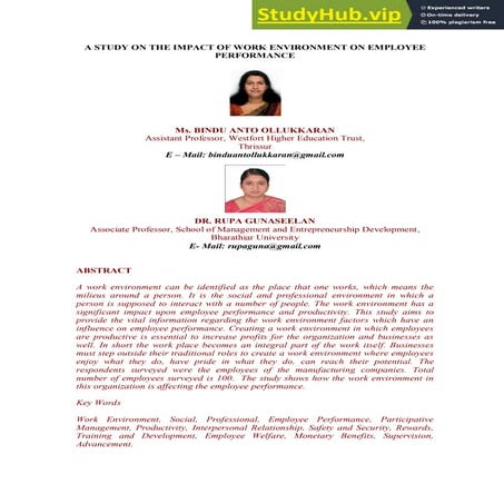 A STUDY ON THE IMPACT OF WORK ENVIRONMENT ON EMPLOYEE PERFORMANCE | PDF