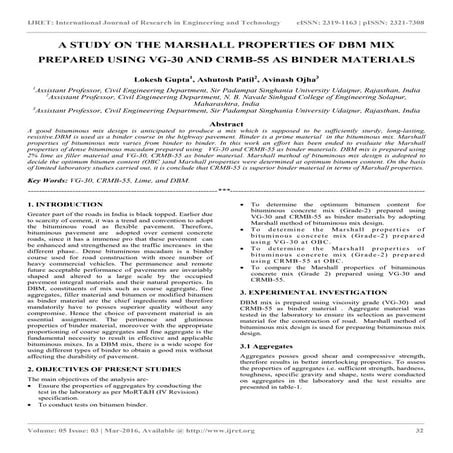 A study on the marshall properties of dbm mix prepared using vg 30 and ...