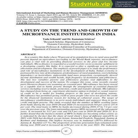 A STUDY ON THE TREND AND GROWTH OF MICROFINANCE INSTITUTIONS IN INDIA | PDF