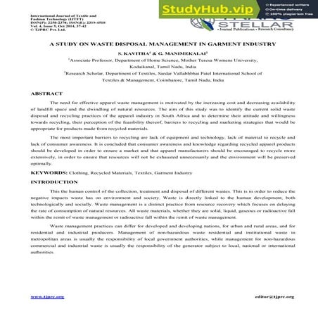 A STUDY ON WASTE DISPOSAL MANAGEMENT IN GARMENT INDUSTRY | PDF