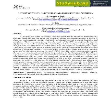 A STUDY ON YOUTH AND THEIR CHALLENGES IN THE 21 St CENTURY | PDF