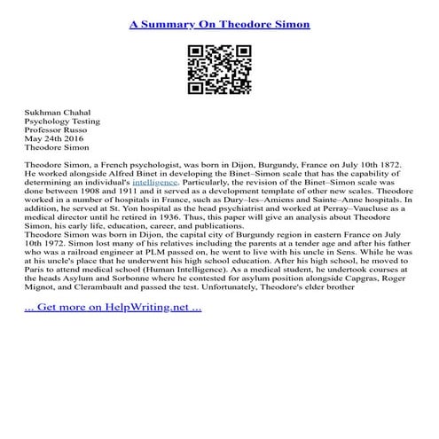 A Summary On Theodore Simon | PDF