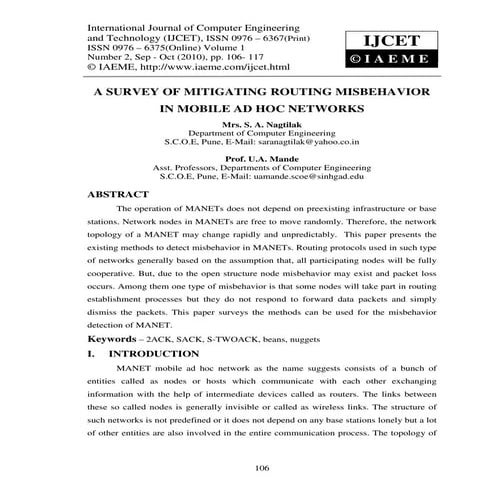 A Survey Of Mitigating Routing Misbehavior In Mobile Ad Hoc Networks Pdf