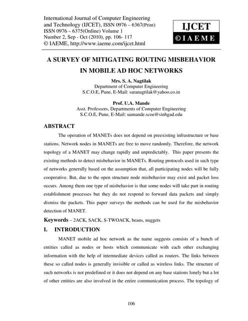 A Survey Of Mitigating Routing Misbehavior In Mobile Ad Hoc Networks Pdf