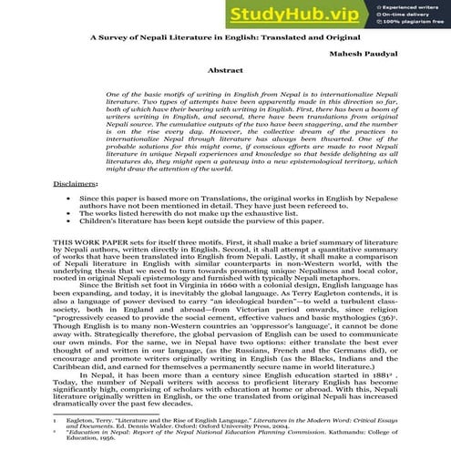 A Survey Of Nepali Literature In English Translated And Original | PDF