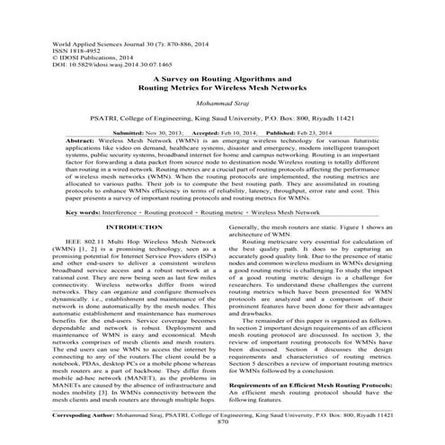 A Survey On Routing Algorithms And Routing Metrics For Wireless Mesh Networks Pdf 9691