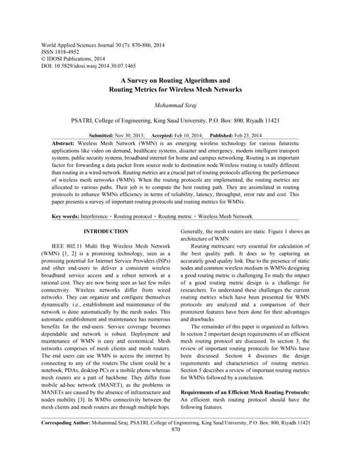 A Survey On Routing Algorithms And Routing Metrics For Wireless Mesh Networks Pdf 9691