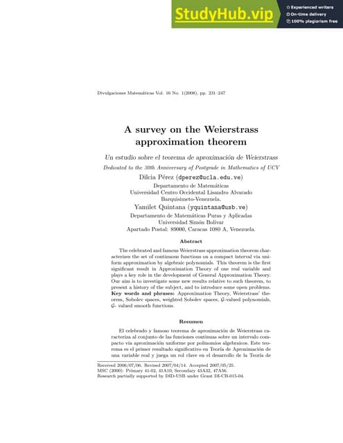 A Survey On The Weierstrass Approximation Theorem Pdf