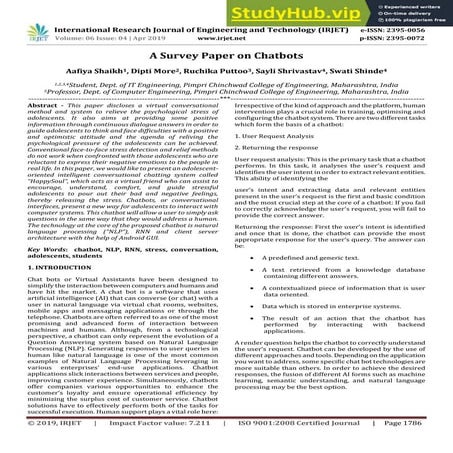 A Survey Paper On Chatbots | PDF | Artificial Intelligence | Technology ...