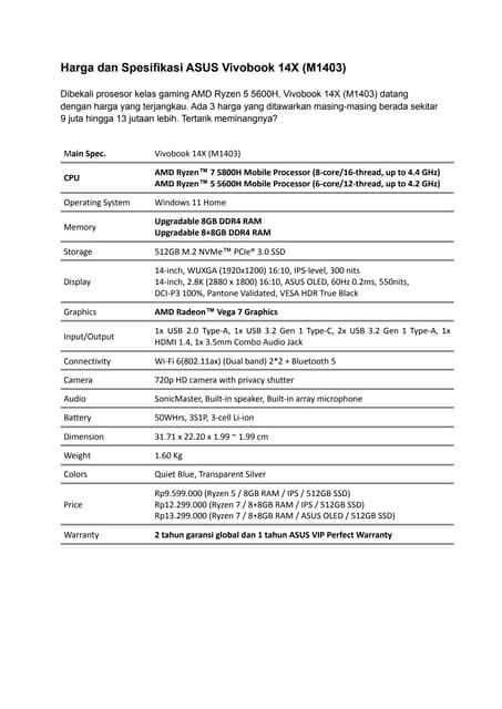 Spesifikasi Lengkap ASUS Vivobook Go 14 | PDF | Laptops | Computing