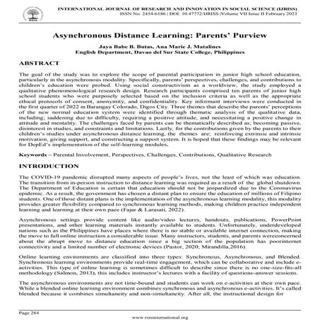 Asynchronous Distance Learning Parents’ Purview | IJRISS | PDF