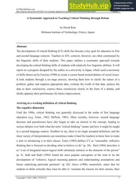 Assessment Of Ells Critical Thinking Using The Holistic Critical