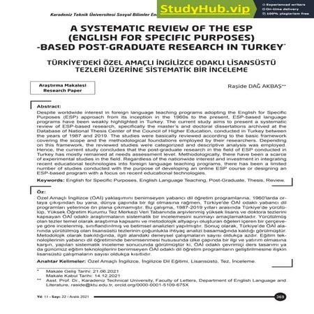 A SYSTEMATIC REVIEW OF THE ESP BASED POST GRADUATE STUDIES IN TURKEY | PDF