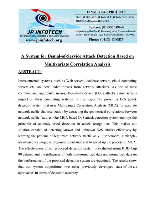 A System For Denial Of Service Attack Detection Based On Multivariate Correlation Analysis Pdf