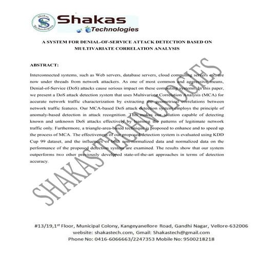 A System For Denial Of Service Attack Detection Based On Multivariate Correlation Analysis Doc