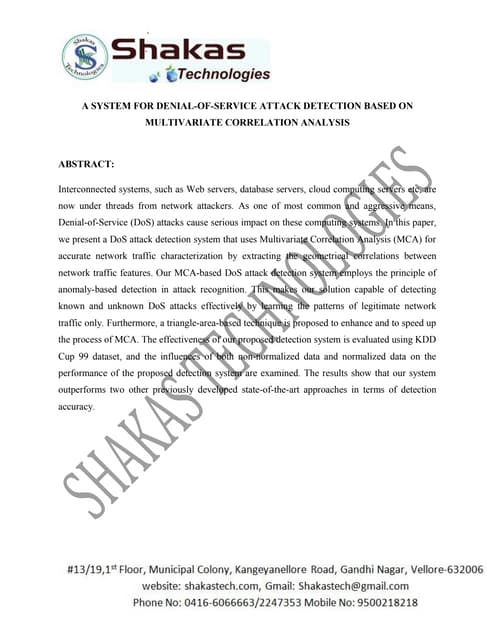 A System For Denial Of Service Attack Detection Based On Multivariate Correlation Analysis Doc