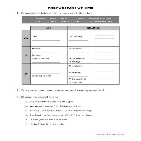 AT IN ON - Prepositions of time - Activities | PDF