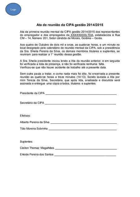 Modelo de Ata de Reunião Ordinária e Extraordinária da CIPA