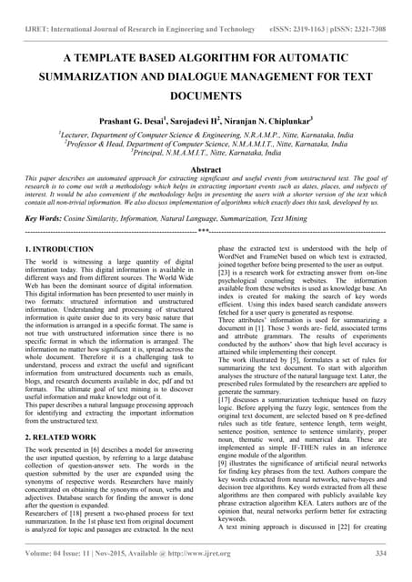 A Template Based Algorithm For Automatic Summarization And Dialogue