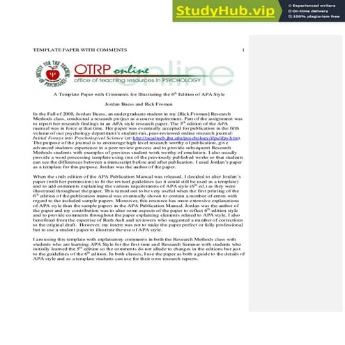 A Template Paper With Comments For Illustrating The 6 Th Edition Of APA ...