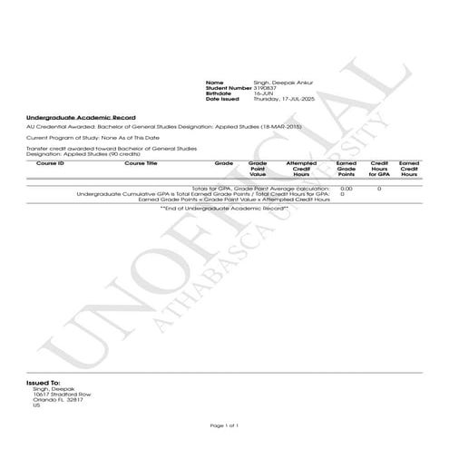 Athabasca University Transcript of Deepak (Danny) Singh Bachelor of ...