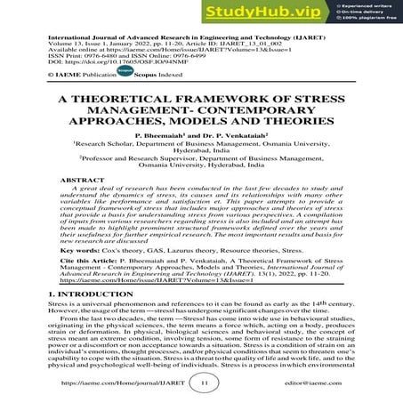 A THEORETICAL FRAMEWORK OF STRESS MANAGEMENT- CONTEMPORARY APPROACHES ...