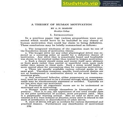 A Theory Of Human Motivation - Abraham H Maslow - Psychological Review Vol 50 No 4 July 1943 | PDF