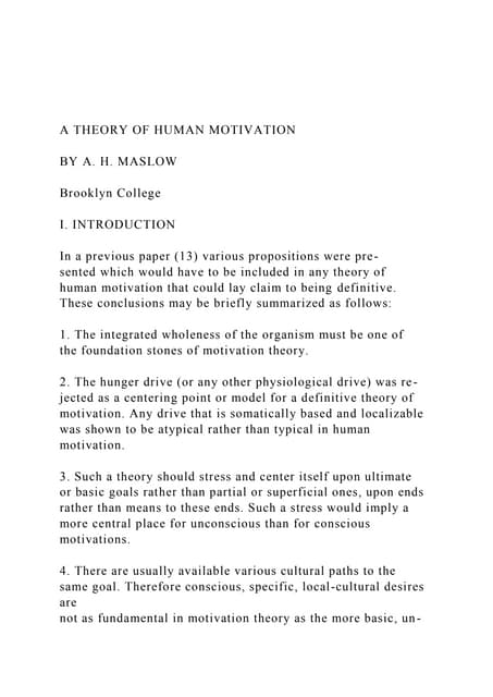 A Theory Of Human Motivation - Abraham H Maslow - Psychological Review Vol 50 No 4 July 1943 | PDF