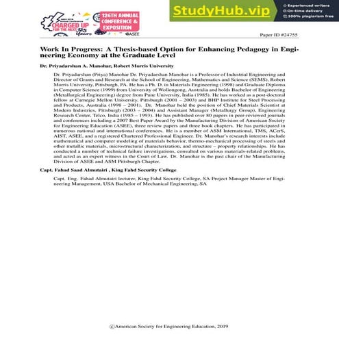 A Thesis-Based Option For Enhancing Pedagogy In Engineering Economy At The Graduate Level | PDF