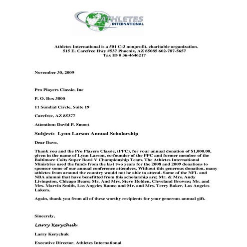 Athletes International thank you letter david p smoot | PDF