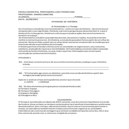 Atividade De História Historiador E Tempo Pdf