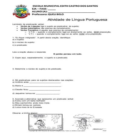 Atividade de Língua Portuguesa para EJA sobre verbos | DOCX