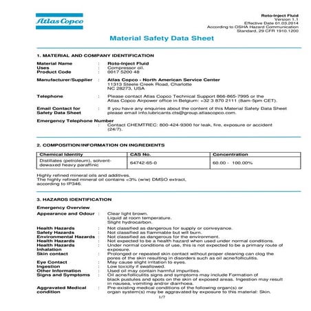 Atlas copco roto inject lubricant msds | PDF