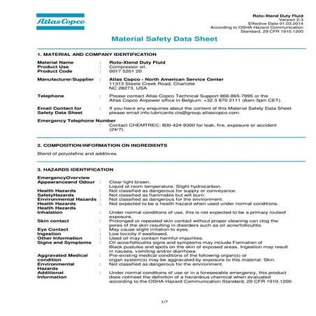 Atlas copco roto xtend lubricant msds | PDF