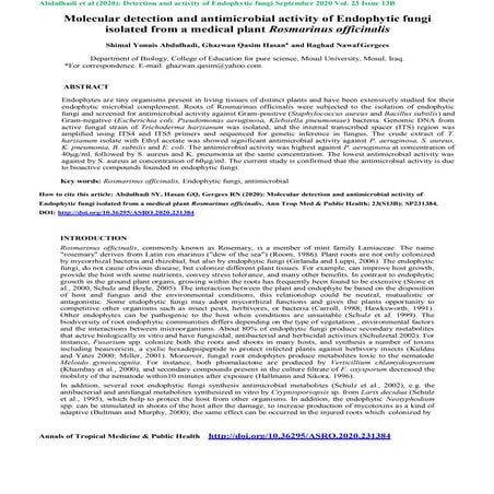 Molecular detection and antimicrobial activity of Endophytic fungi isolated from a medical plant ...