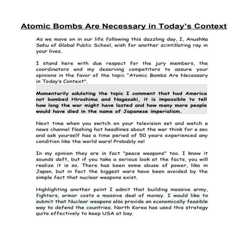 Atomic bombs are necessary in today's context | PDF