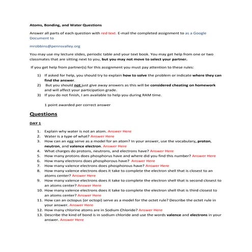 Atoms, bonding and water questions | PDF