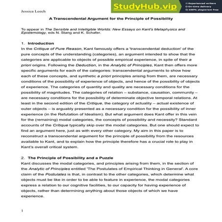 A Transcendental Argument For The Principle Of Possibility | PDF