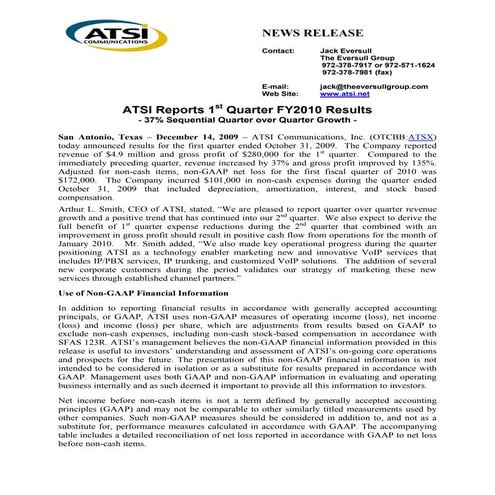 ATSI Reports 1st Quarter FY2010 Results | PDF